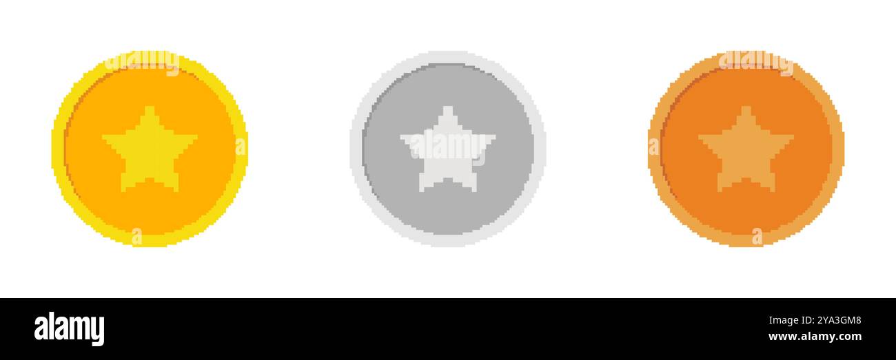 Pixel Art Silver, Gold and Bronze Coin Icon with Star Set. Retro Gaming ...