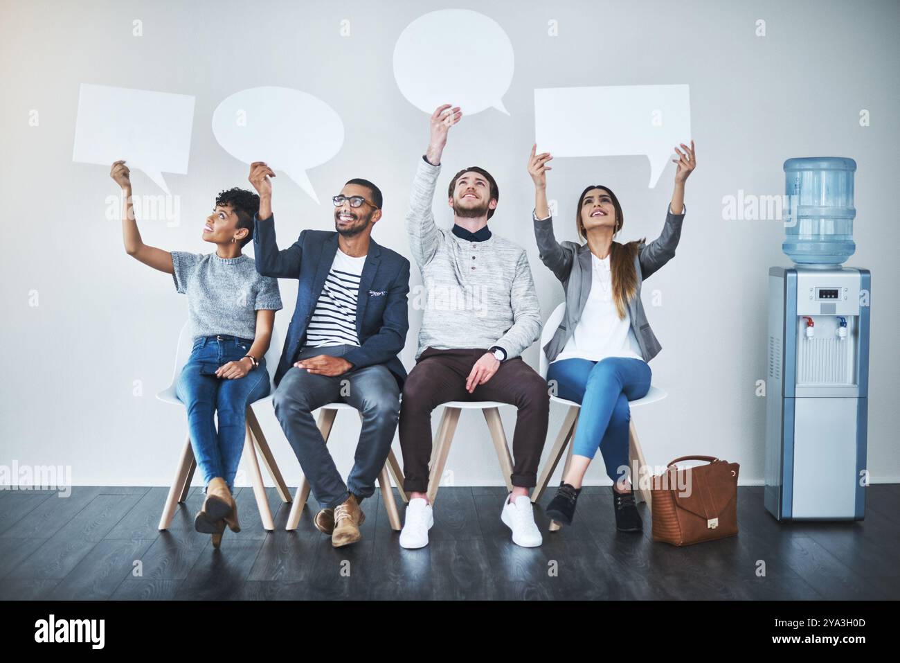 Group, speech bubble and row for recruitment, happy and job interview ...