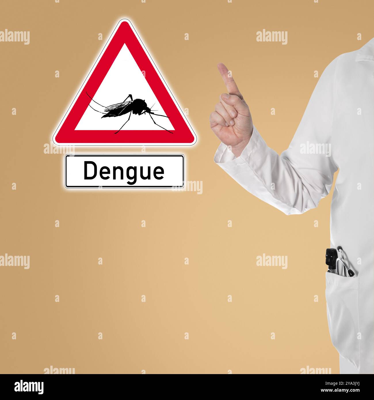 Doctor warns of dengue fever next to a sign with a mosquito and the ...