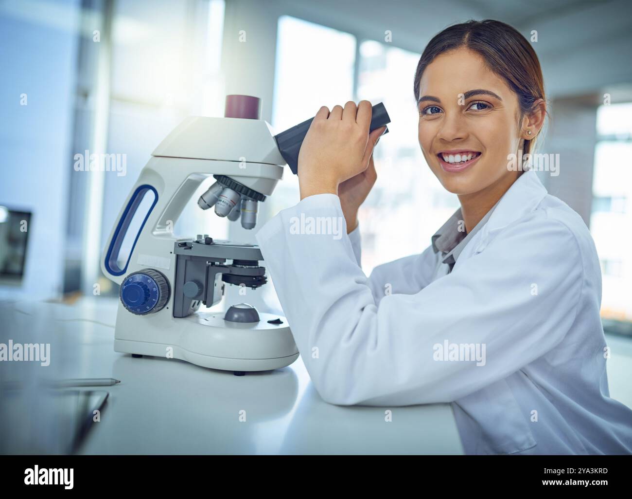 Woman, scientist and portrait in medical research or science experiment ...