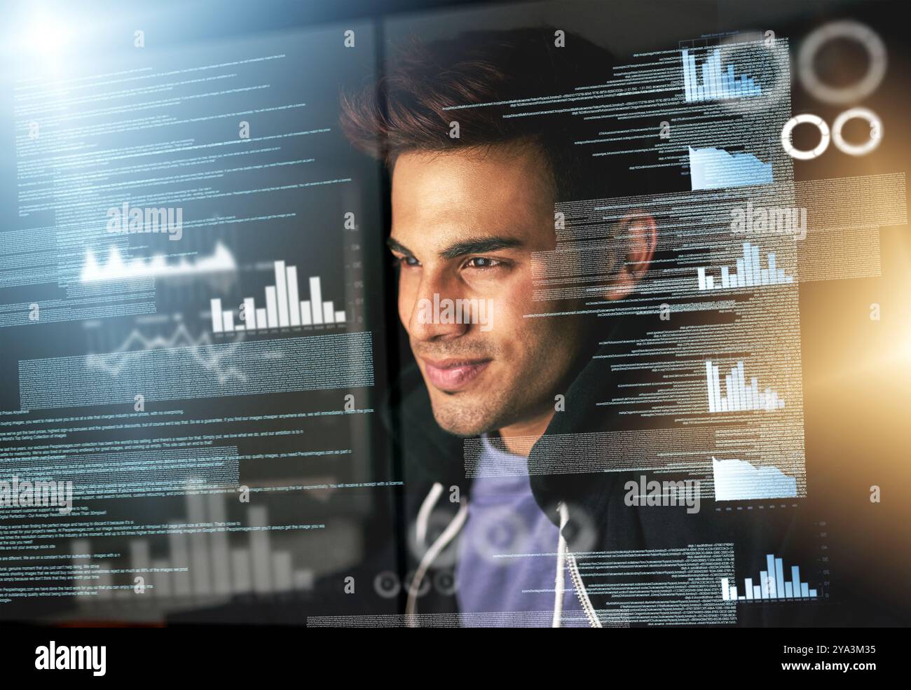 Man, programmer and hologram for digital transformation of of stock market growth and firewall ...