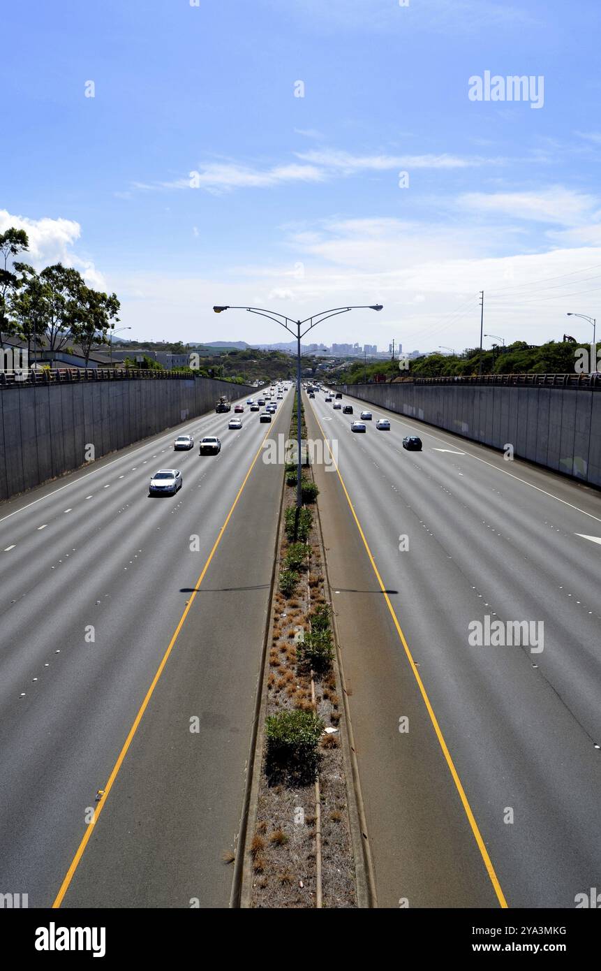 Cars On A Highway With Downtown In The Distance With Copy Space Stock ...
