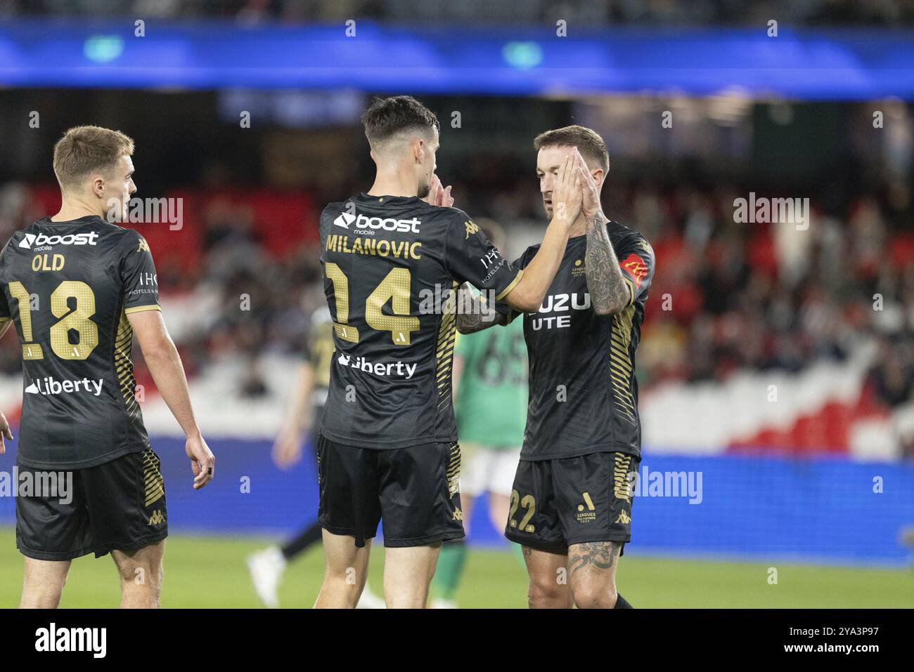 MELBOURNE, AUSTRALIA, MAY 24: A-League All Stars Men celebrate scoring ...