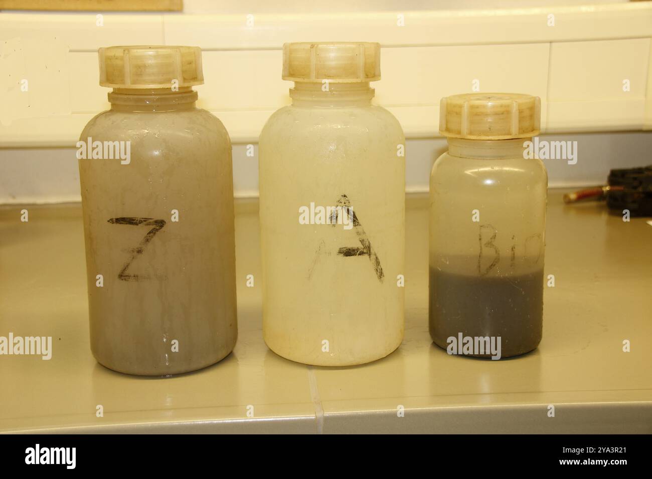 Wastewater samples in the laboratory of a sewage treatment plant in ...