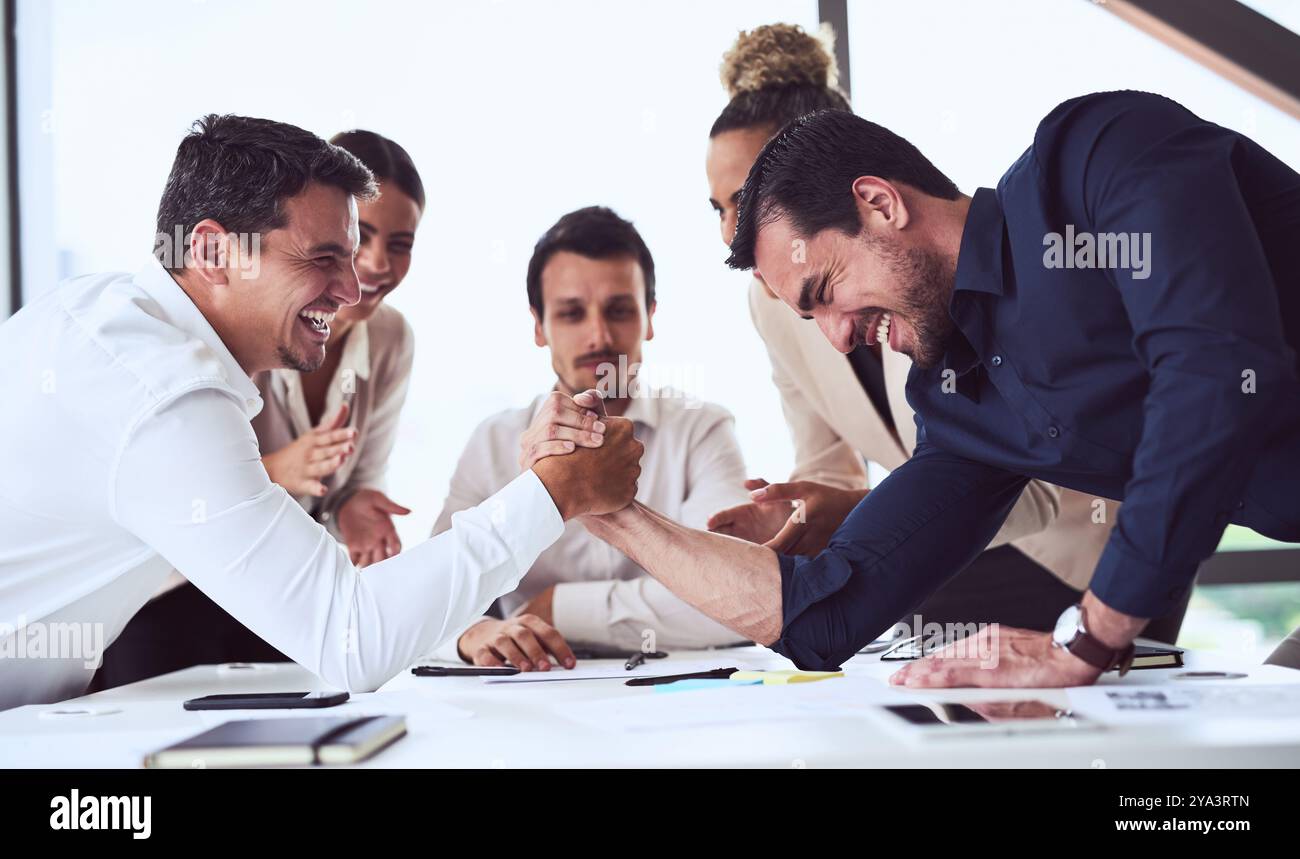 Arm wrestle, challenge and competition with business people in office ...