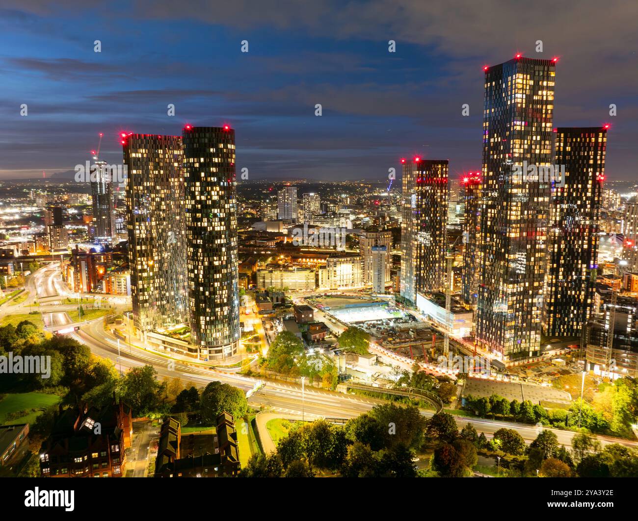 Aerial image of Manchester skyline at night Stock Photo - Alamy