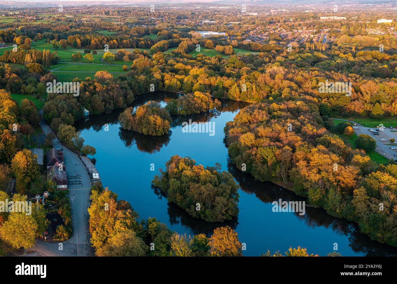 Birds eye view of Heaton Park Boating Lake in Autumn Stock Photo - Alamy