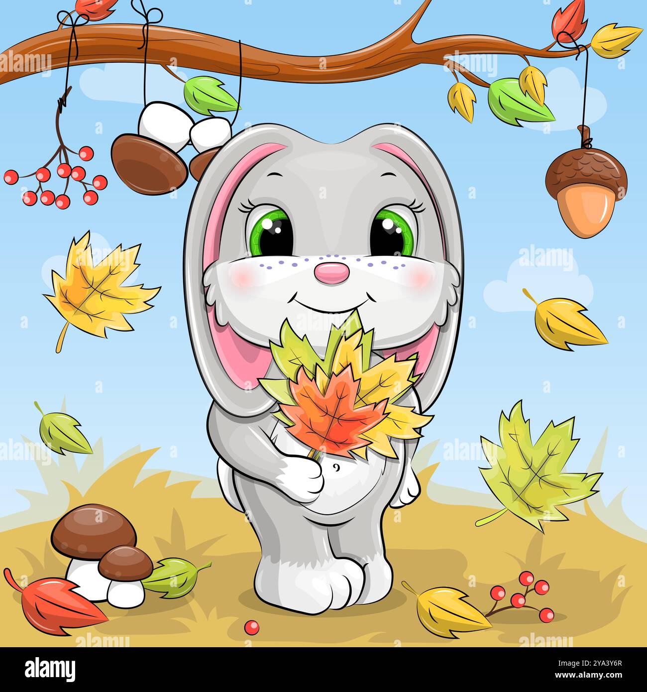 Cute cartoon gray rabbit with autumn leaves. Animal vector illustration ...