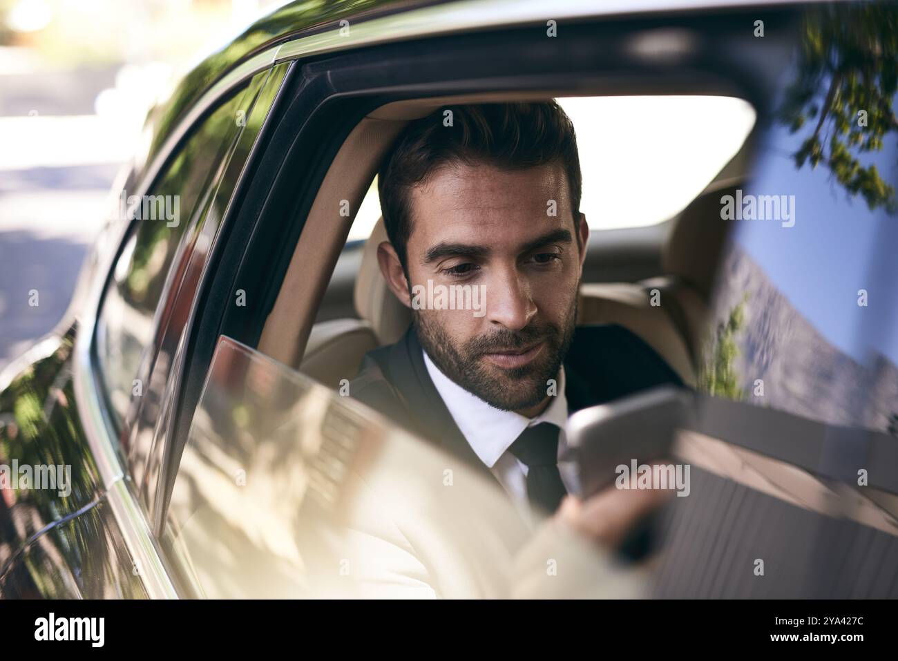 Business, man and phone with travel in car of communication, reading news and social media for ...