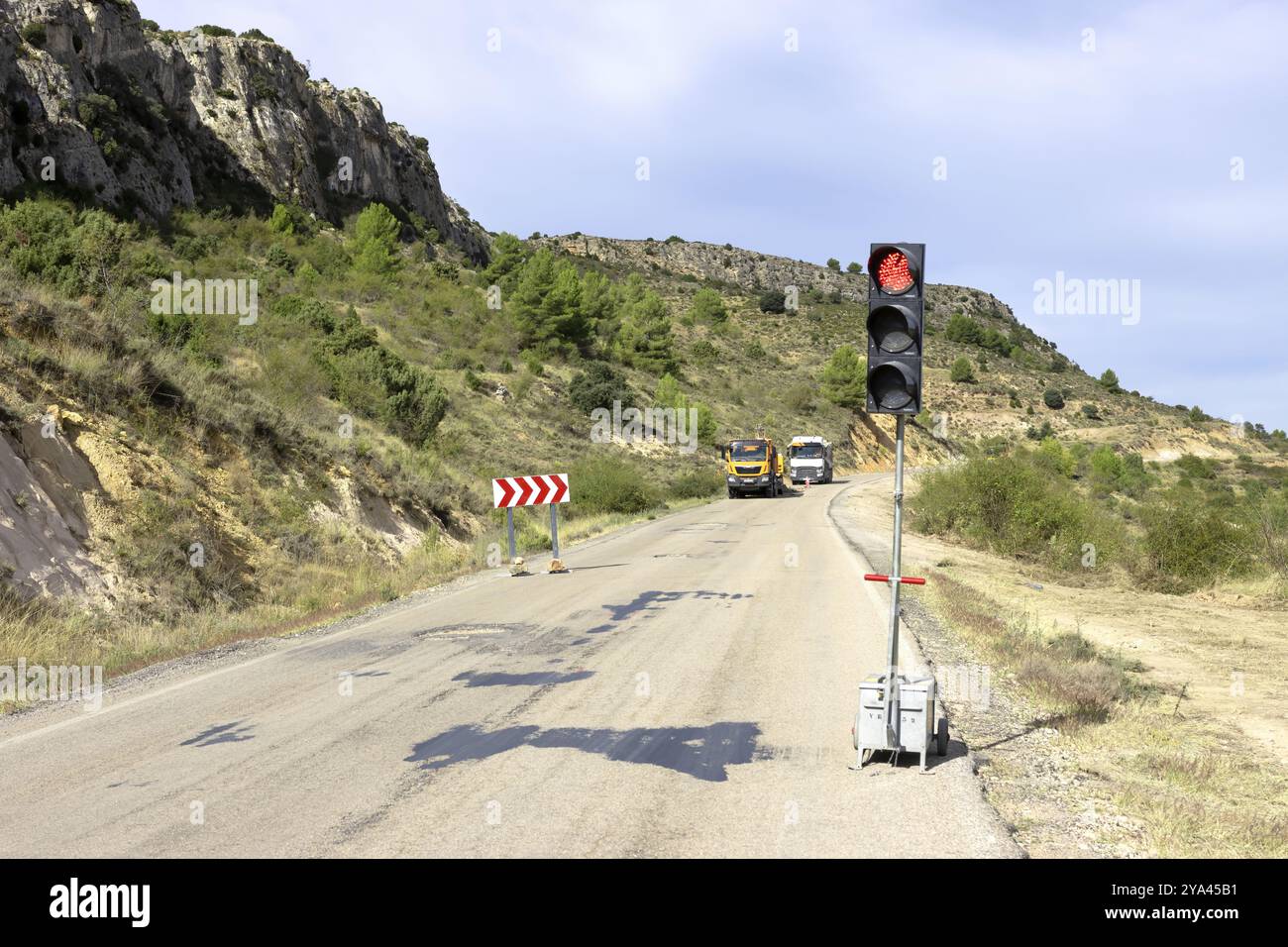 Roadworks on a Secondary Road in Rural Spain with Temporary Traffic ...