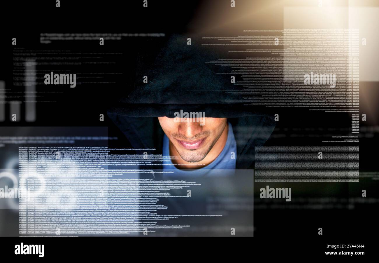 Man, hacker and hologram with malware and virus installation for ...