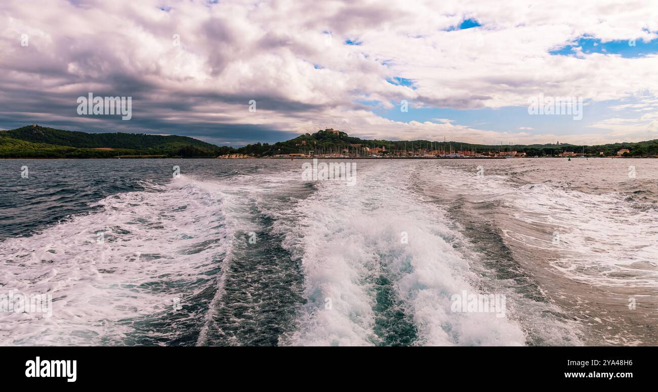 Boat wake and Porquerolles Island in the distance, in the Var, Provence ...
