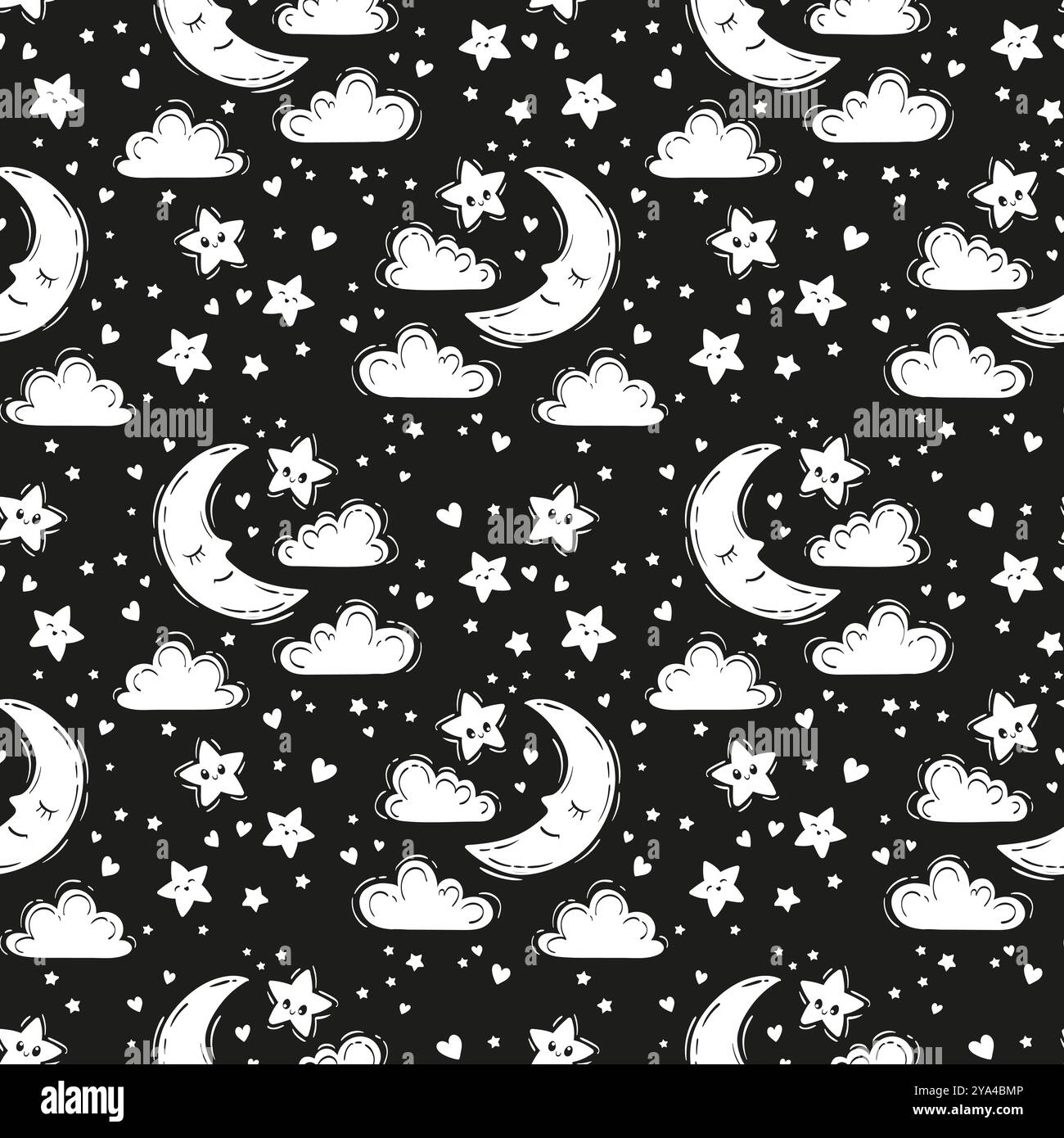 Starry night seamless vector pattern. Simple monochrome cloudy night ...