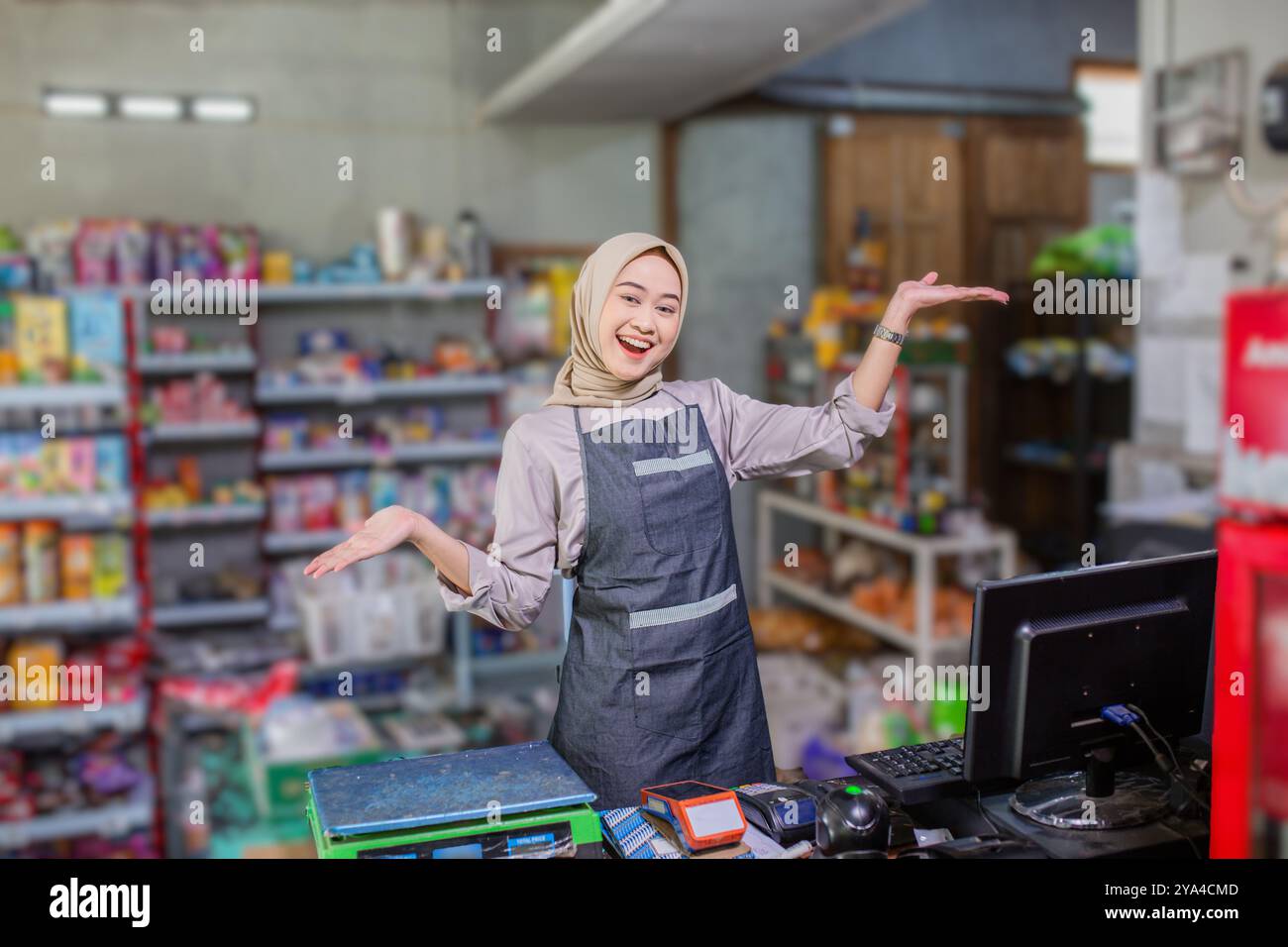 A Cheerful and Friendly Shopkeeper Working in a Bustling Convenience ...