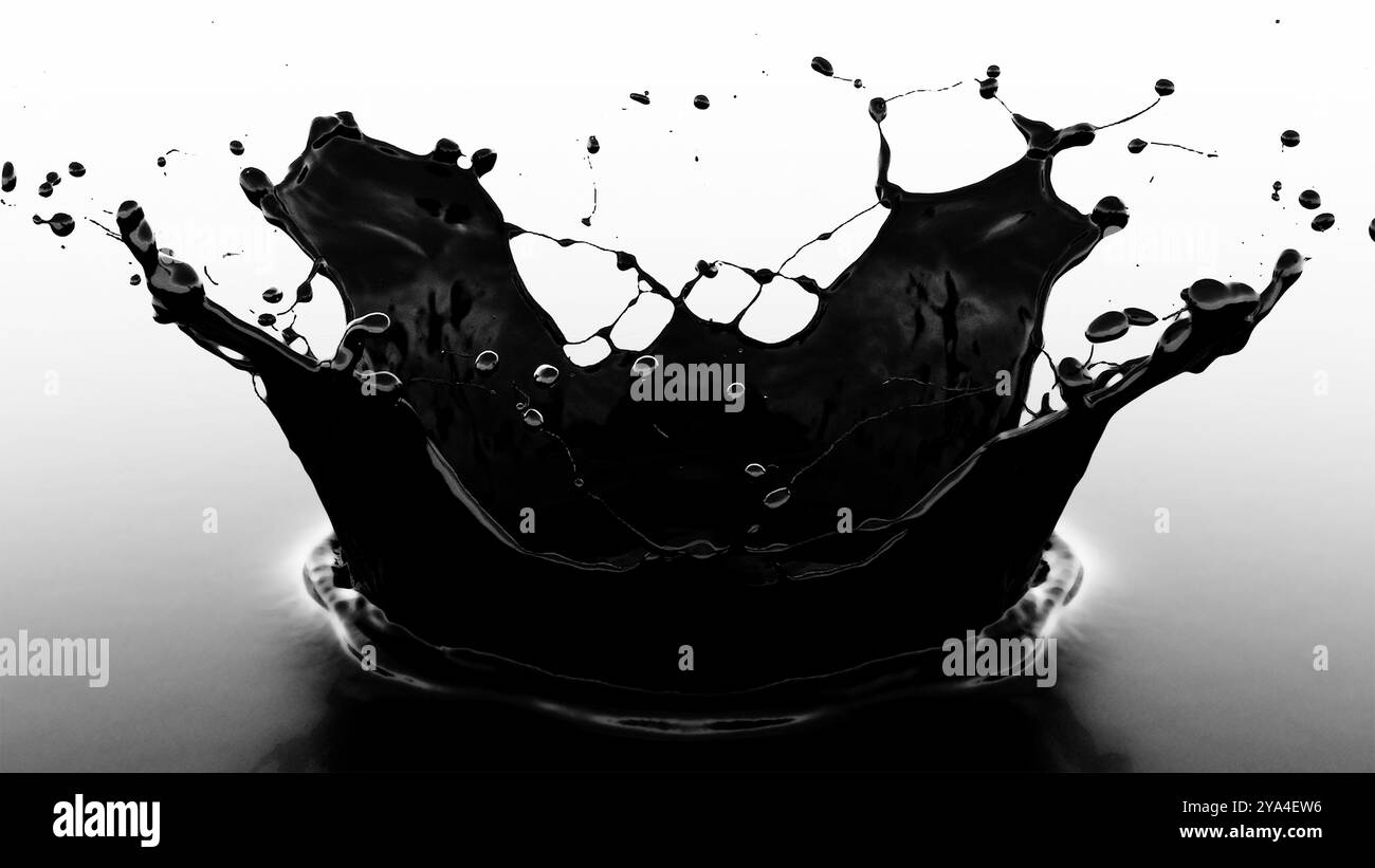 A black oil splash forming a crown shape on a reflective surface ...