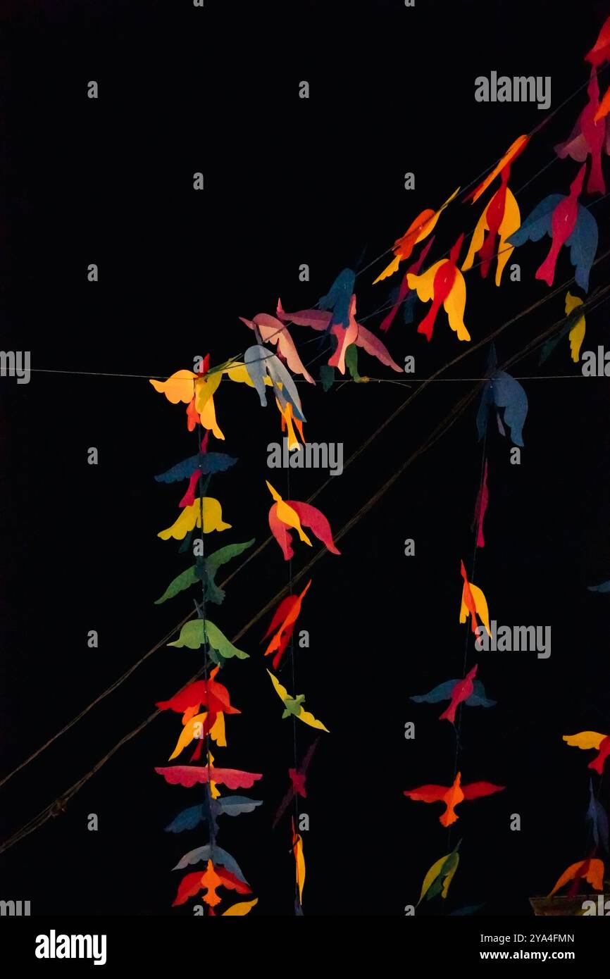 Colorful paper bird garland floating in the dark night, creating a ...