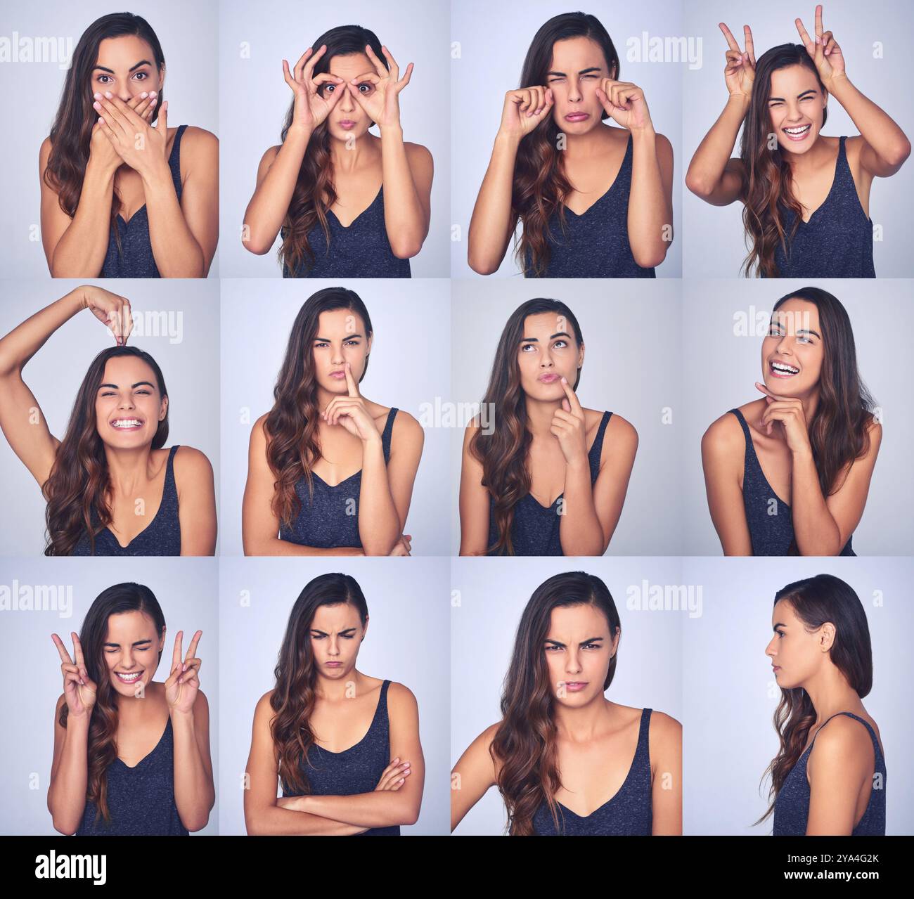 Collage, woman and funny expressions in studio for crazy facial, comic performance and playful ...