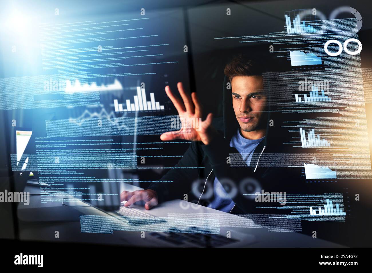 Man Hacker And Hologram For Coding At Night With Software Programming