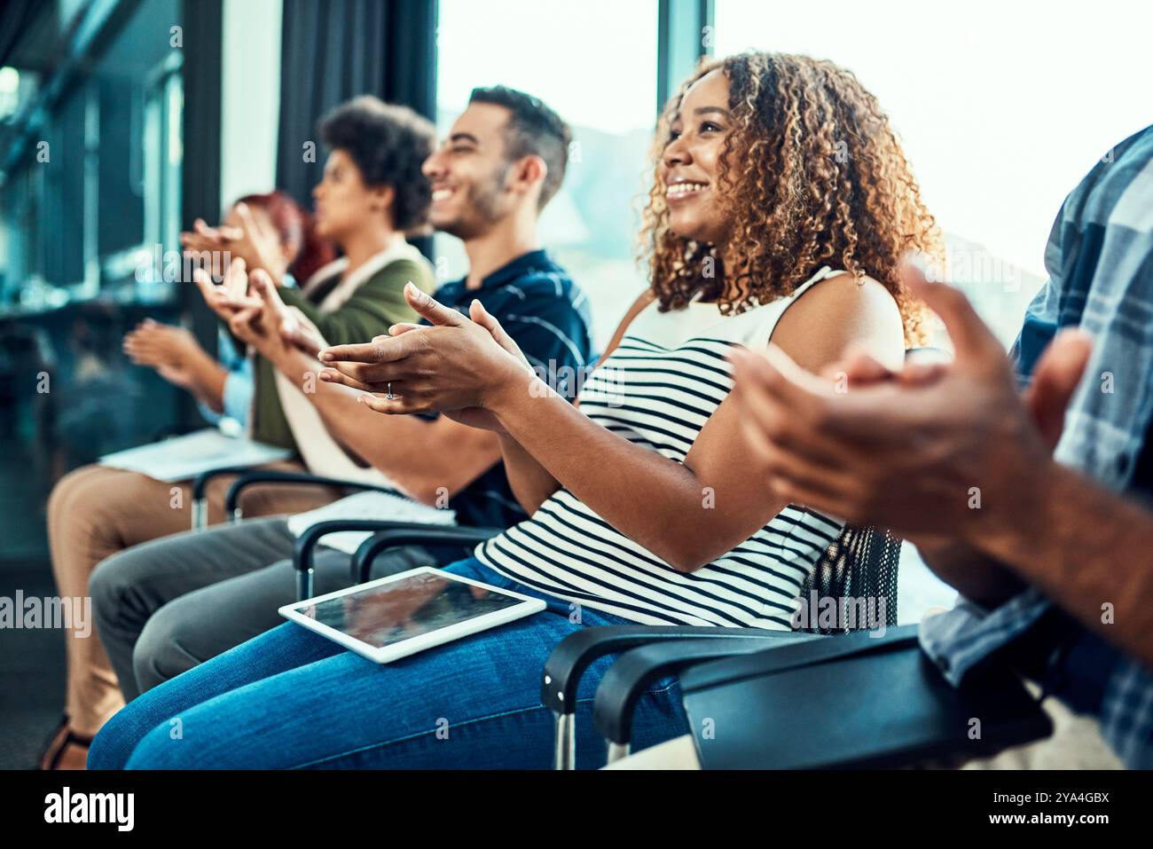 Excited business people, celebration and applause in promotion ...