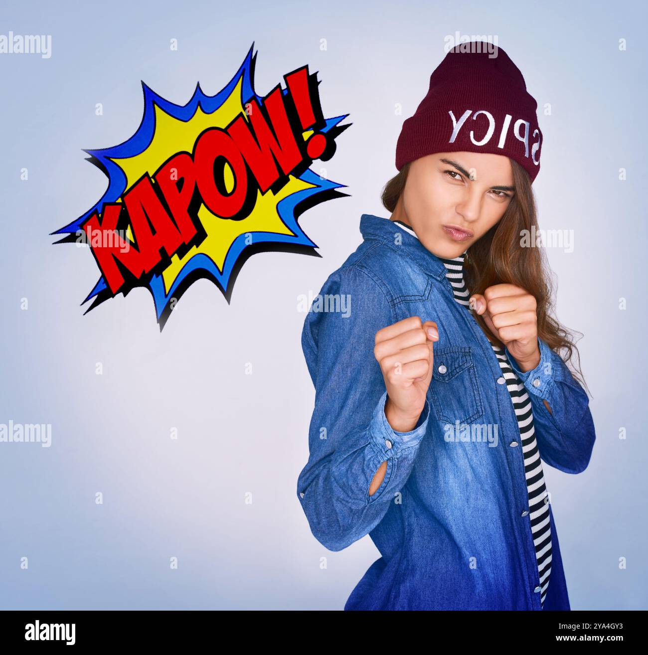 Fists, comic and portrait of woman in studio with casual fashion and ...