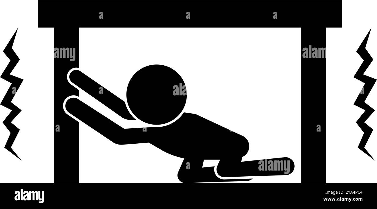 Earthquake tremor and person hiding under table silhouette icon ...