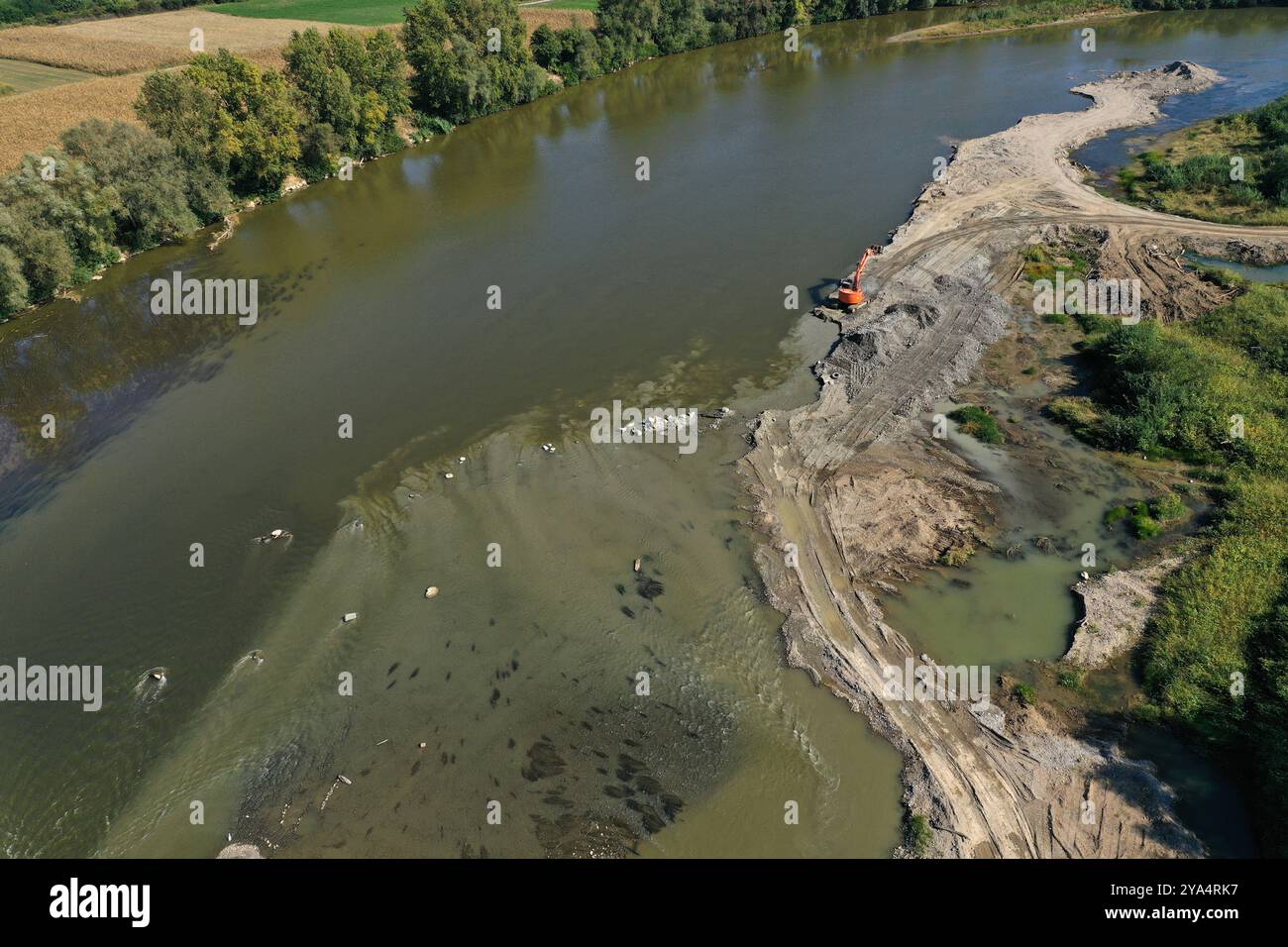 Sand and gravel exploitation in the river aerial view by drone Stock ...