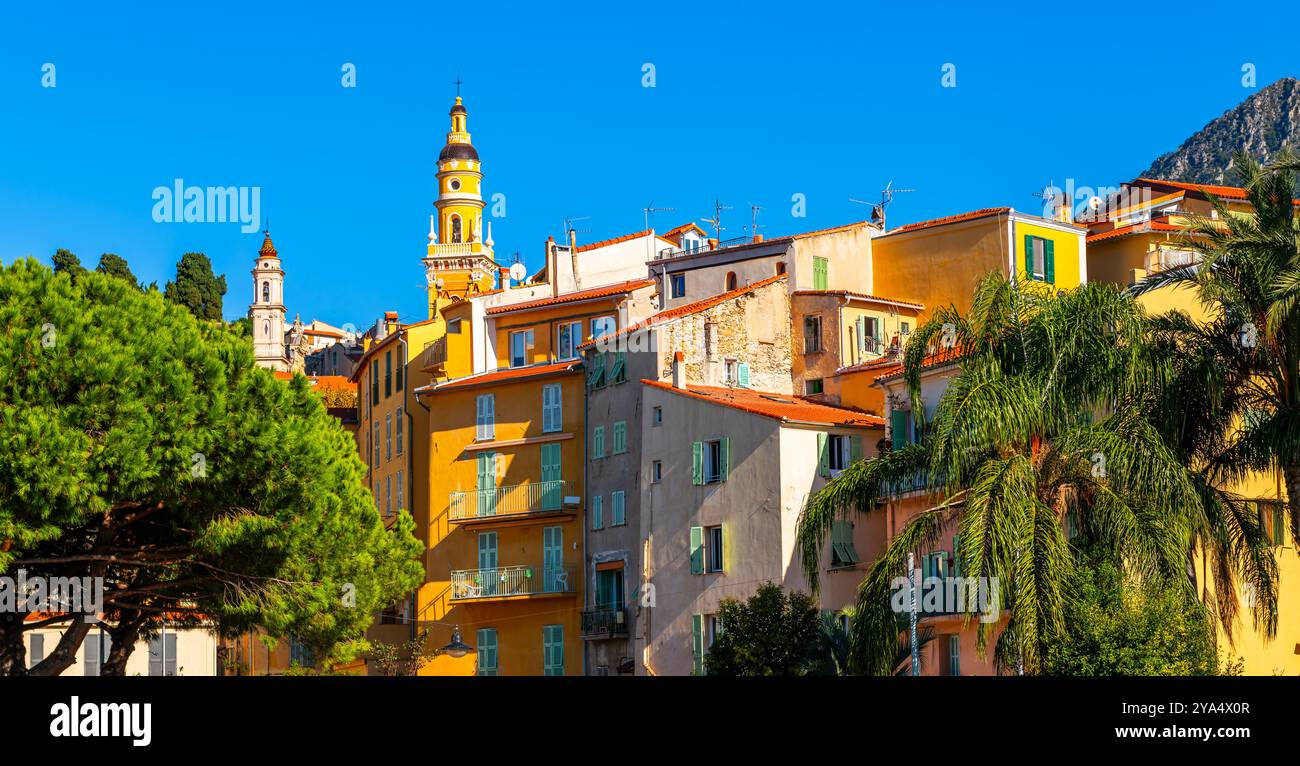 The old town of Menton in the Alpes Maritimes and its yellow facades ...