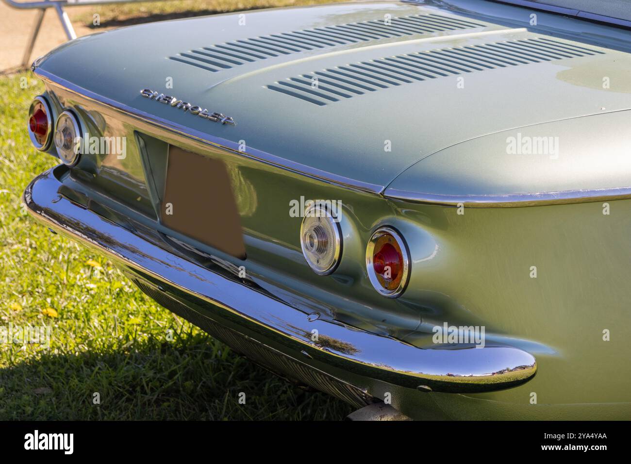 Closeup of a chevrolet corvair rear end showing taillights and chrome ...