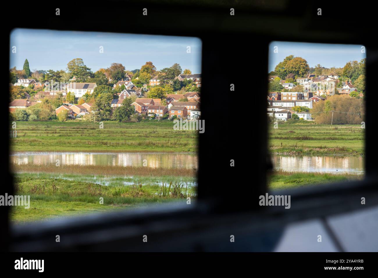 A view through the window of a bird hide at RSPB Pulborough Brooks ...