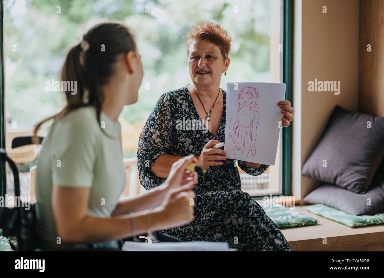 Art class conversation between artist and student with drawing Stock ...