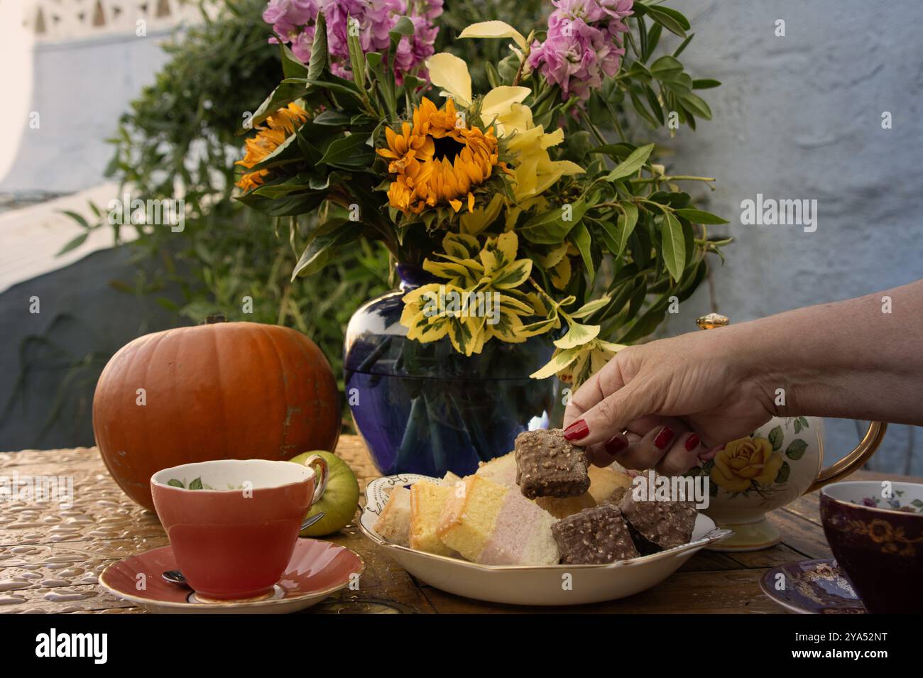 Fall Autumn afternoon tea pumpkins vintage style Stock Photo - Alamy