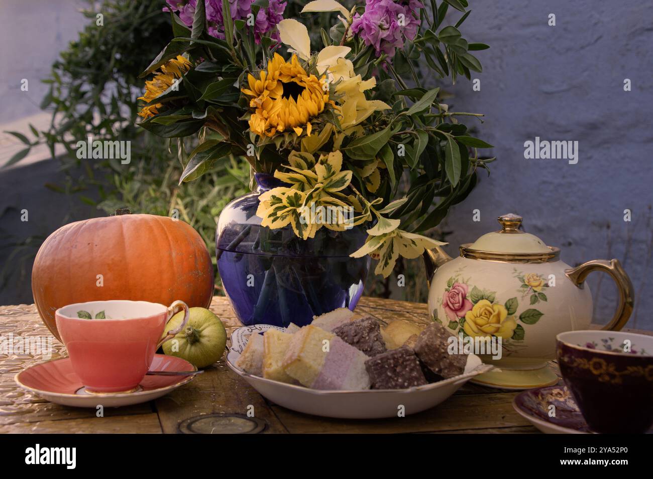 Fall Autumn afternoon tea pumpkins vintage style Stock Photo - Alamy