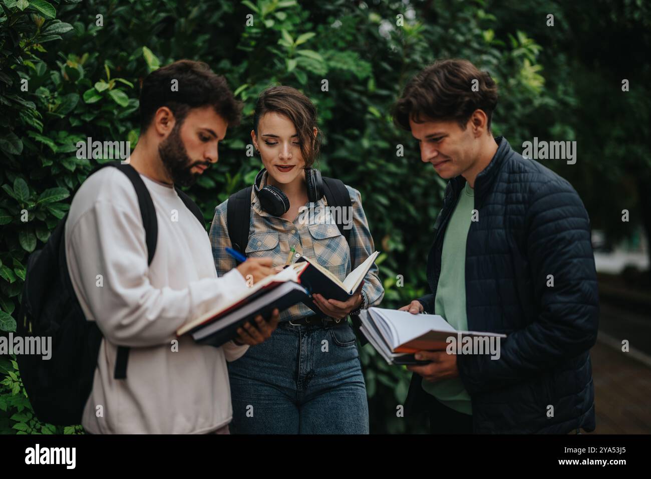 Students discussing notes and studying together outdoors in nature ...