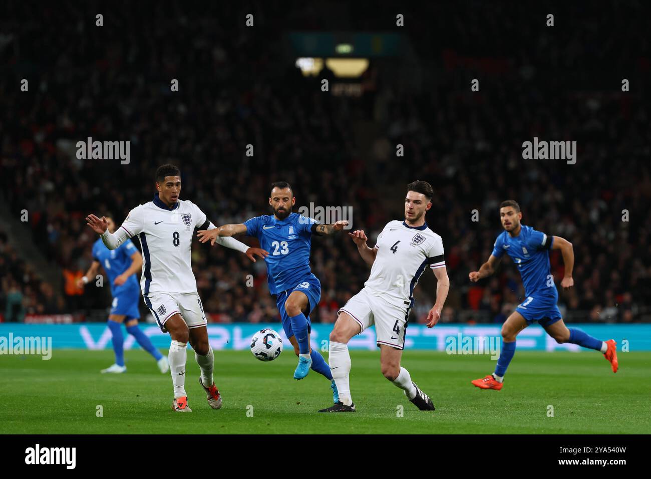 Manolis Siopis of Greece in action with Jude Bellingham (L) and Declan ...