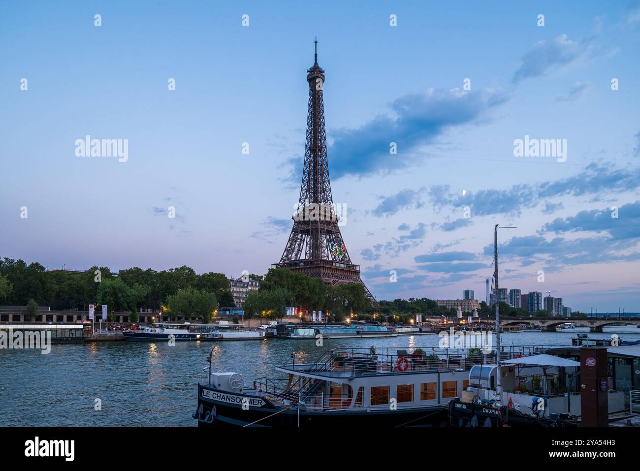 Paris, France, 12 August 2024 view on Eiffel Tower decorated with ...