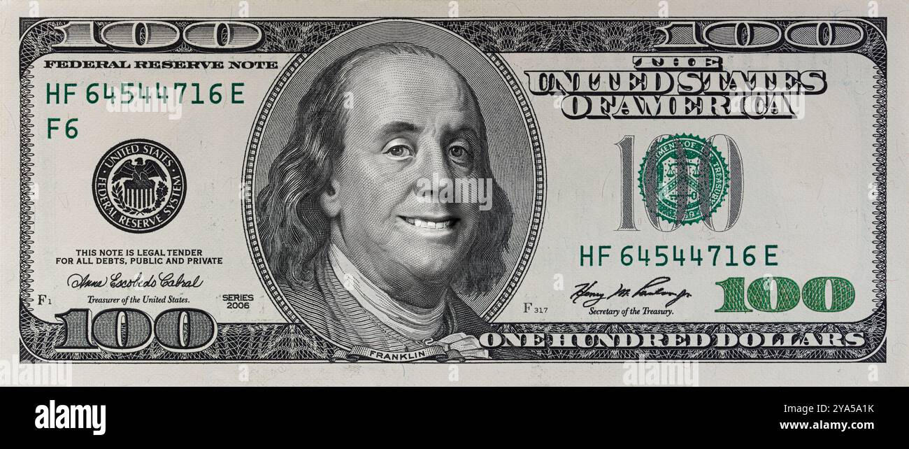 Benjamin Franklin smiling on 100 dollar banknote for design purpose ...