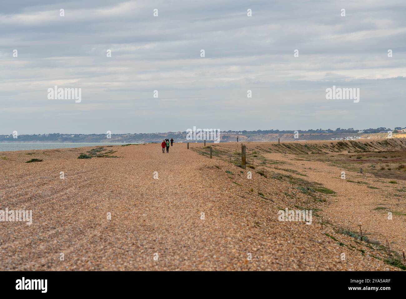People walking on shingle bank Hurst Spit, Keyhaven, Hampshire, England ...