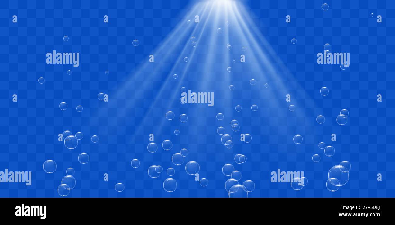 Bubbles of air or carbonated water underwater rise up under sunlight ...
