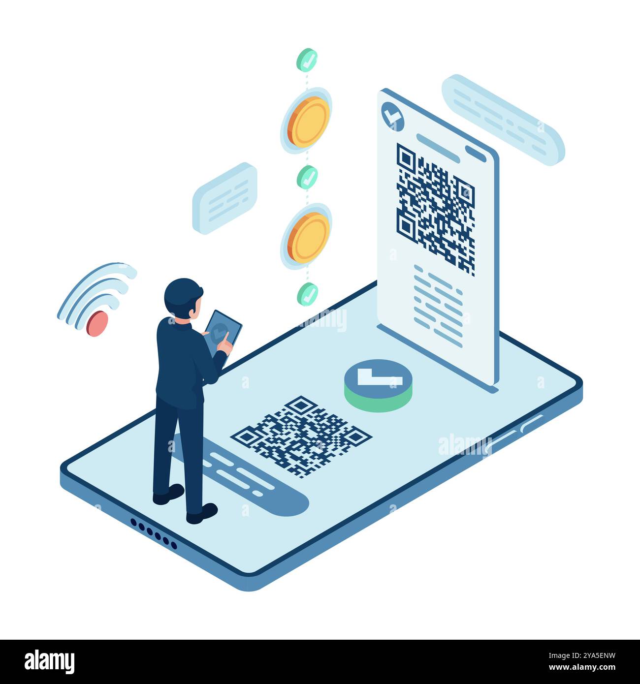 Isometric Businessman Making QR Code Payment with Smartphone. QR Code Payment and Cashless ...