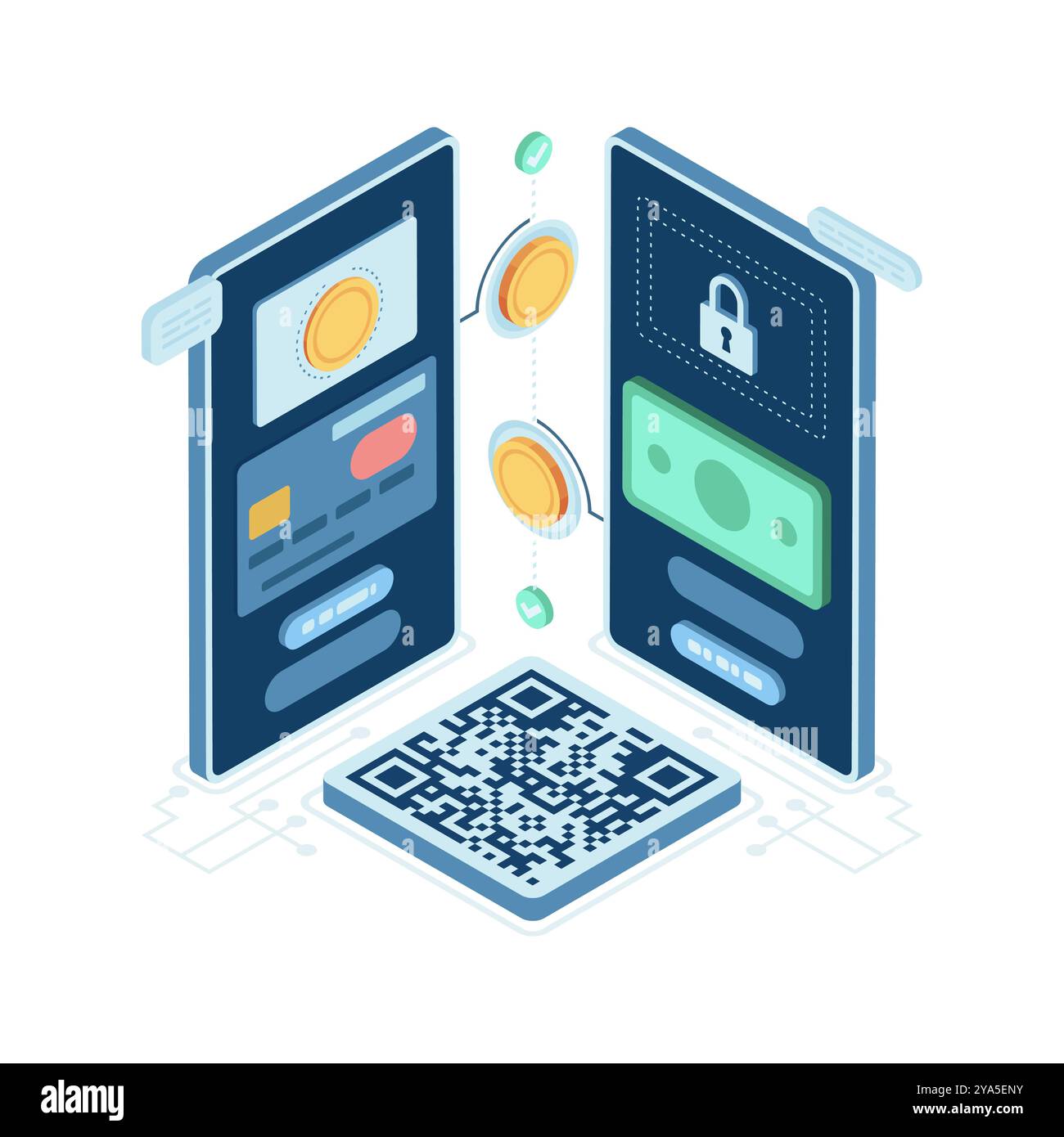 Isometric Digital Payment Security with Mobile Devices and QR Code. Mobile Payment Concept Stock ...
