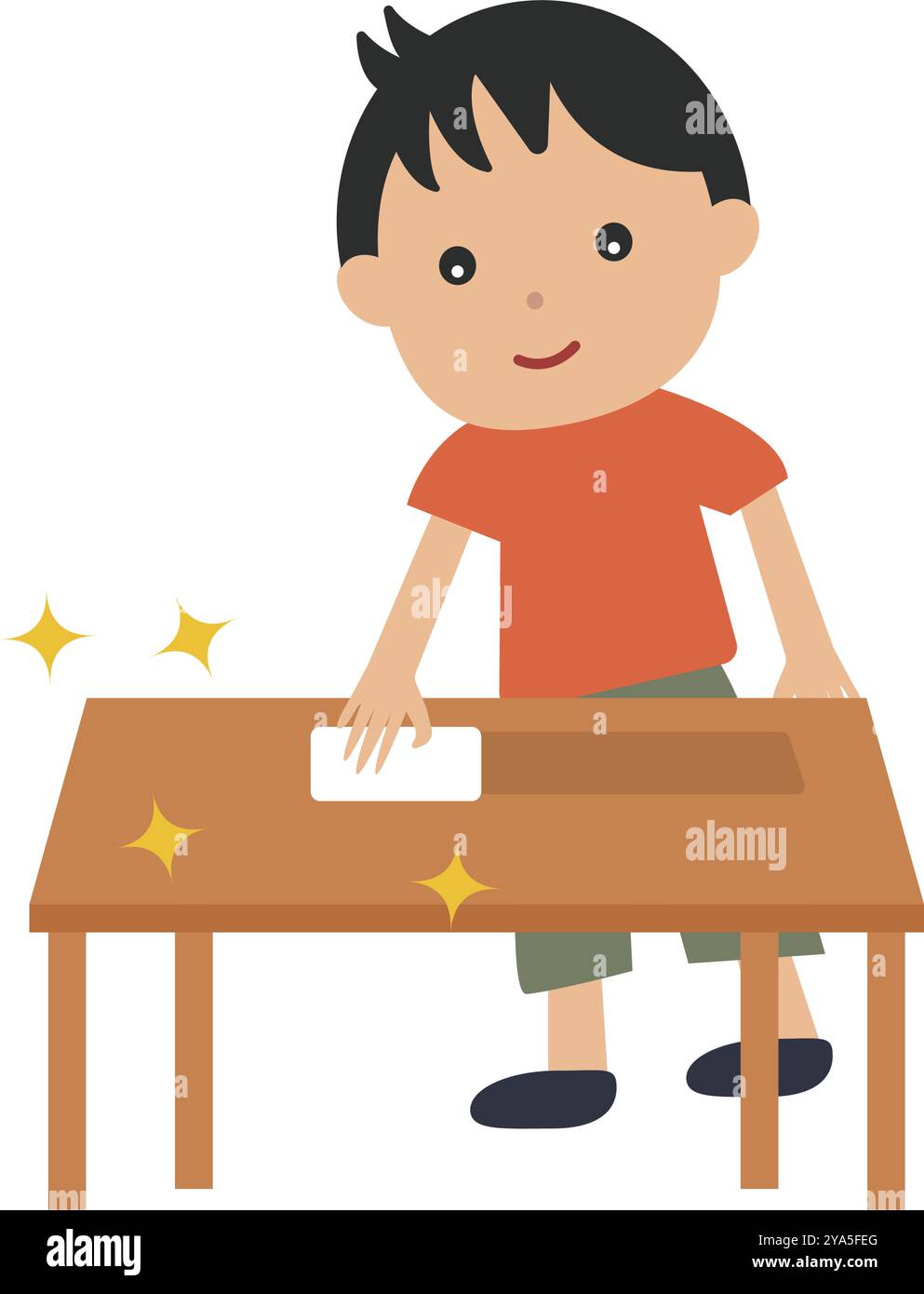 Boy wiping a table. Clean and shiny table. Cleaning. Editable vector ...