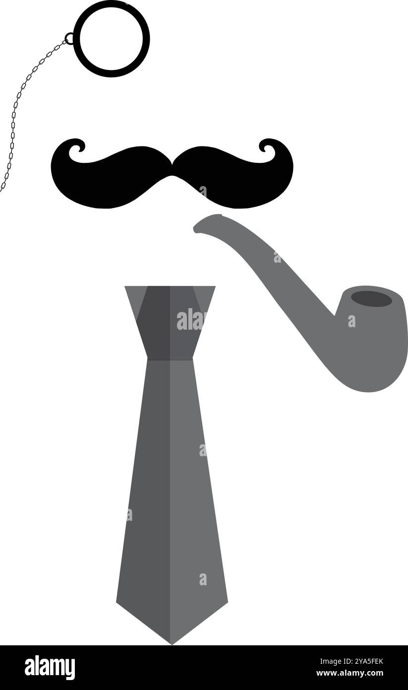 Silhouette of monocle, mustache, pipe and tie on white background Stock ...