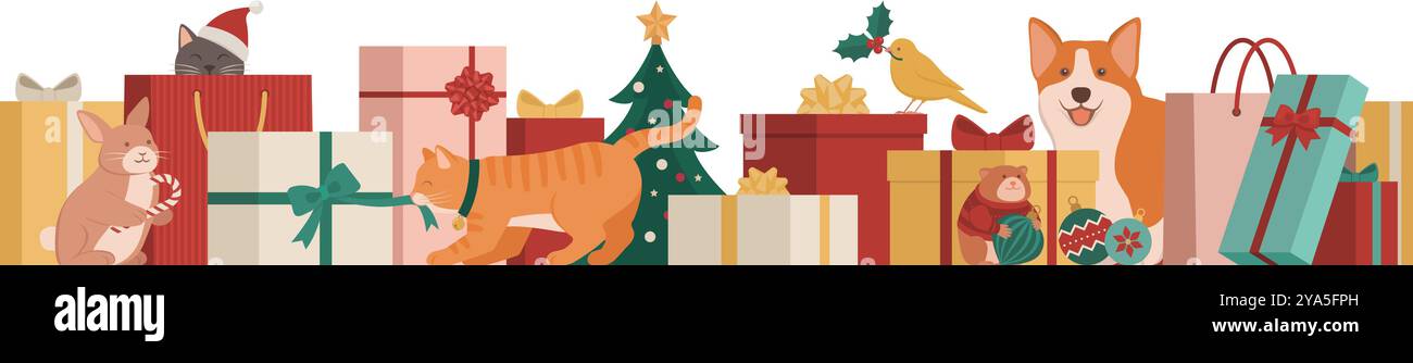Cute happy pets, gifts and Christmas decorations: seamless border ...
