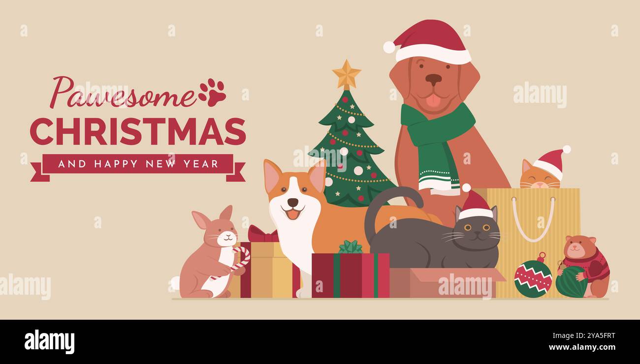 Happy pets celebrating Christmas together: they are posing, playing ...