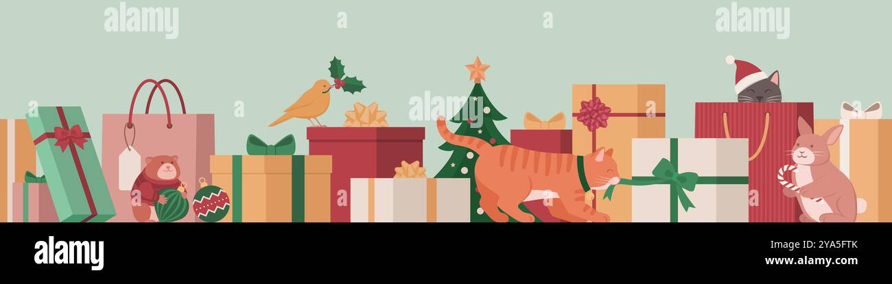 Cute happy pets, gifts and Christmas decorations: seamless border ...