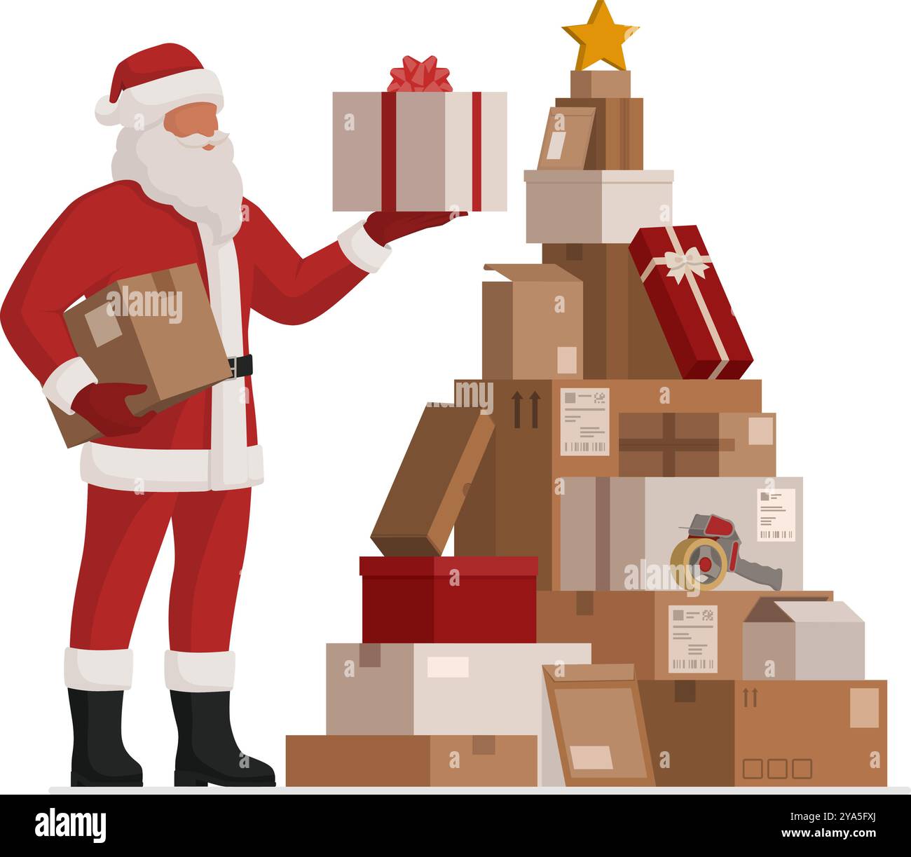 Happy Santa Claus holding a gift and delivery boxes arranged in the ...