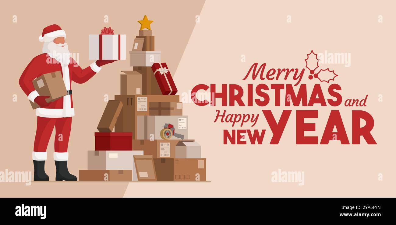 Happy Santa Claus and delivery boxes arranged in the shape of a ...