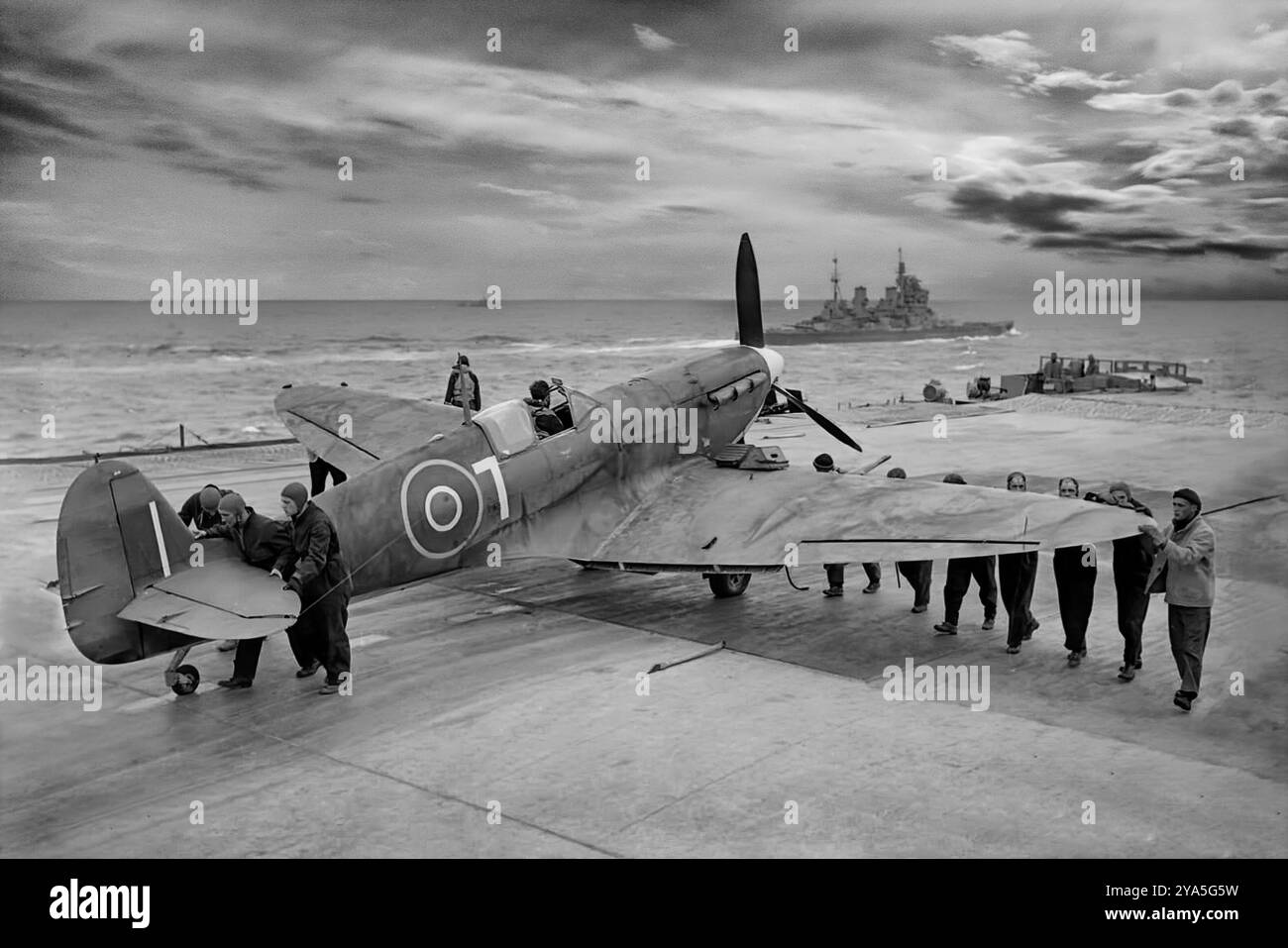 A Supermarine Seafire, the naval version of the Supermarine Spitfire fighter on an aircraft ...