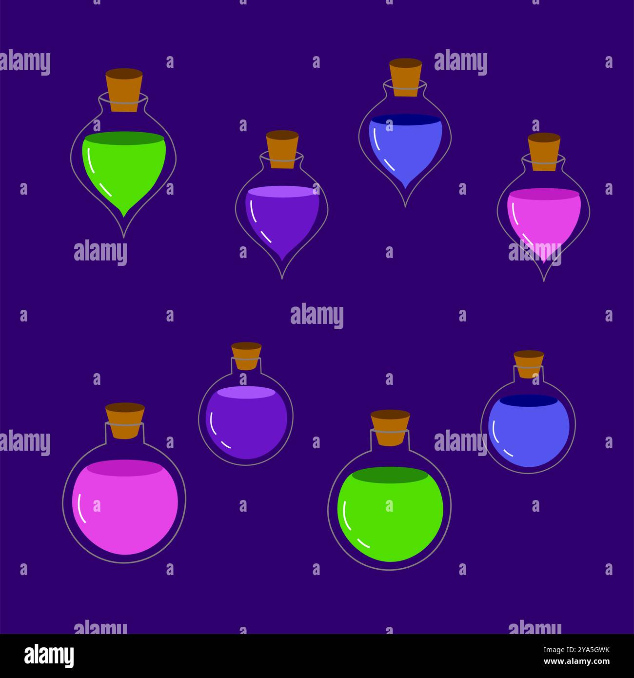Bottles of potion and objects. Vector icon of magic elixir. Vector design for app user interface ...