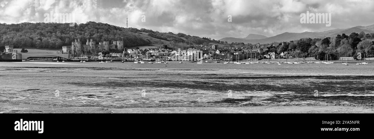 Around the UK - Panoramic Black & white Image of Conway castle & the ...